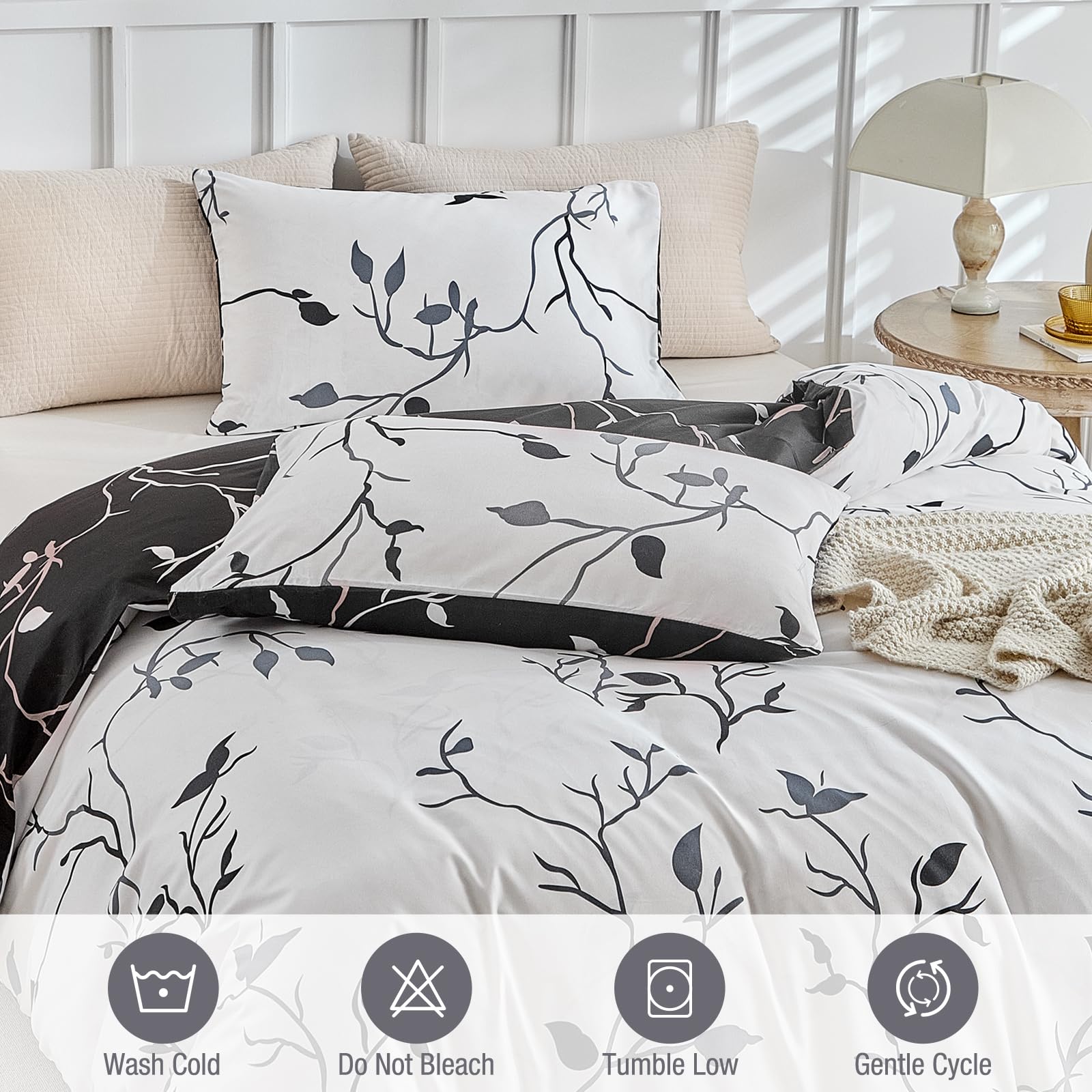 Lekesky Reversible Duvet Cover King Size, White Black Tree Branch Pattern Comforter Cover King 3pc Super Soft Microfiber Breathable Botanical Bedding Sets with Zipper Ties