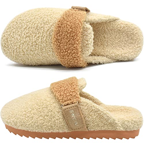 ONCAI Womens Fluff Slippers,Cute Sherpa Faux Fur Scuff Garden Slip on House Slippers with Polar Fleece Lining Memory Foam Footbed and Indoor/Outdoor Rubber Hard Soles Beige US Size 11