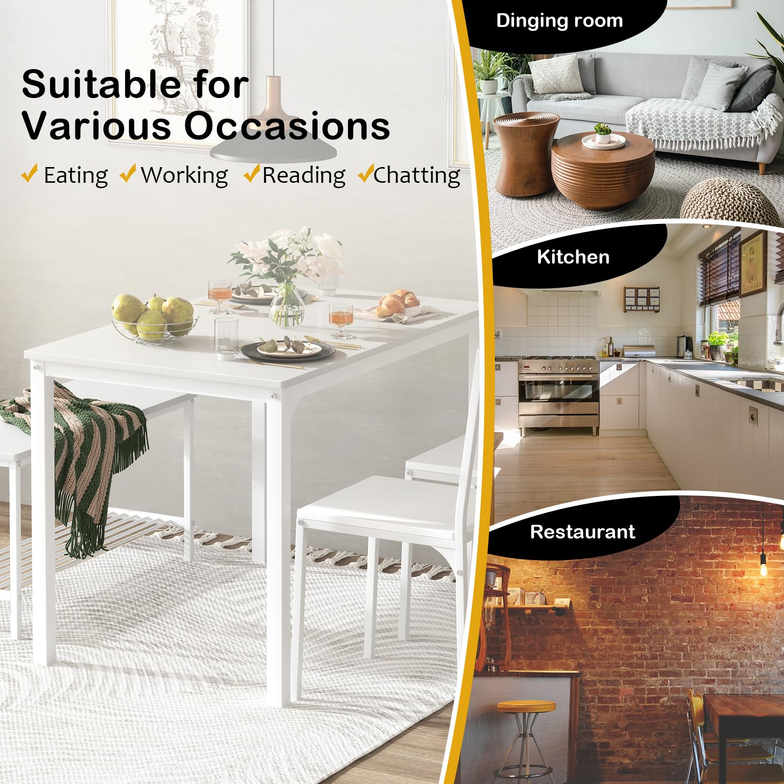soges 4 Person Dining Table Set,43.3 inch Kitchen Table Set for 4,2 Chairs with Backrest,2-Person Bench with Storage, White Rack,Nesting Furniture Set for Dining Room and Restaurant, White