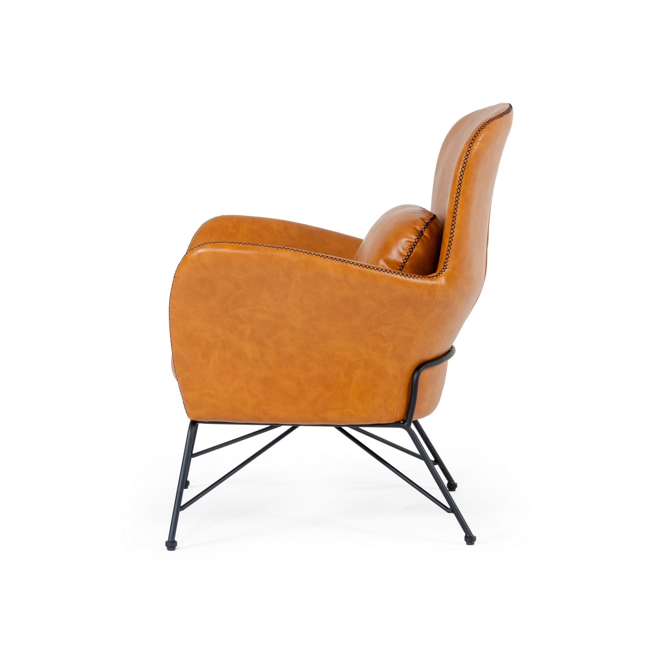 Benjara 35 Inch Accent Chair, Brown Faux Leather, Stitched Details, Metal Legs, Gray