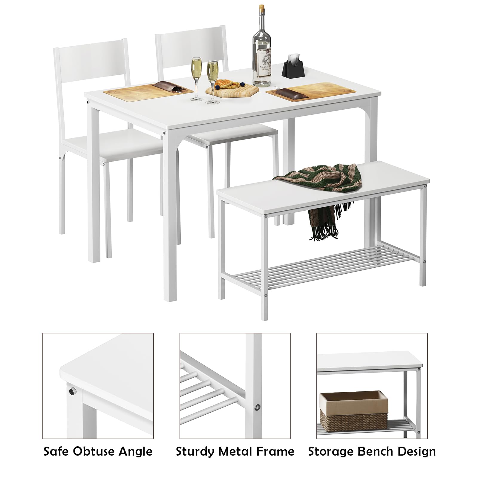 soges 4 Person Dining Table Set,43.3 inch Kitchen Table Set for 4,2 Chairs with Backrest,2-Person Bench with Storage, White Rack,Nesting Furniture Set for Dining Room and Restaurant, White
