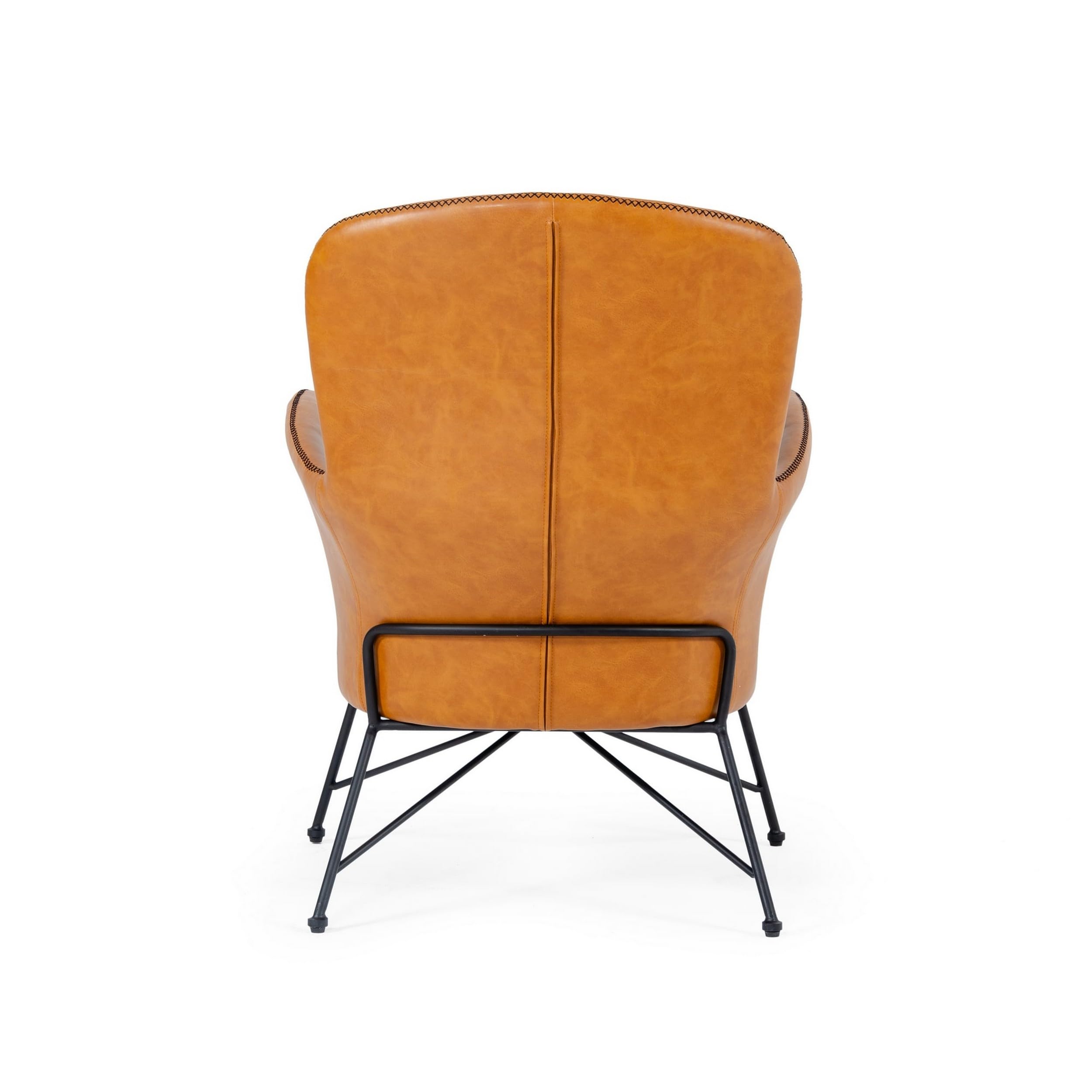 Benjara 35 Inch Accent Chair, Brown Faux Leather, Stitched Details, Metal Legs, Gray