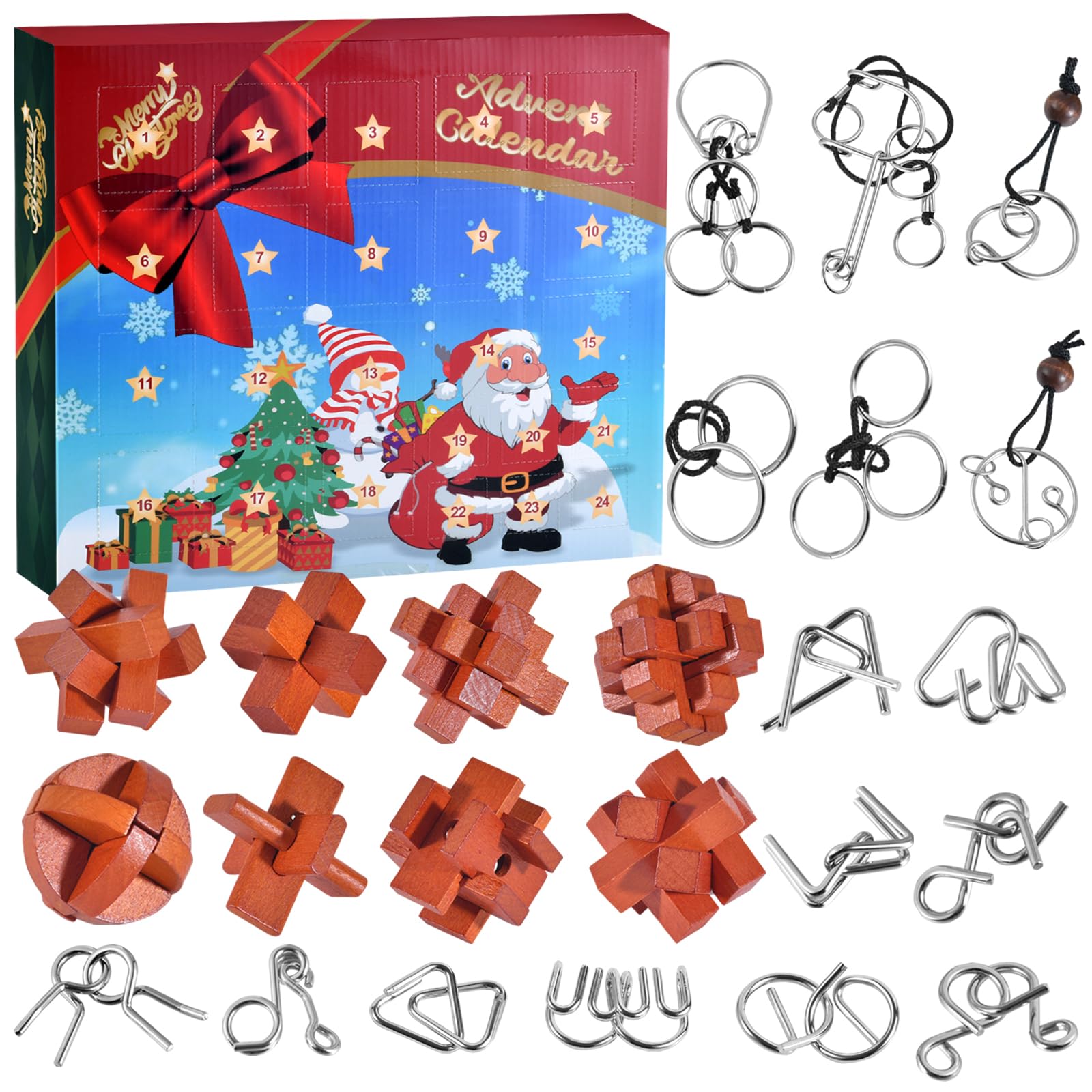 Advent Calendar 2024, Christmas Countdown Calendar Gift Box with 24 Brain Teaser Puzzles, Advent Calendar 2024 for Adults Kids Boys Girls, Xmas Countdown Calendar Challenge Gift