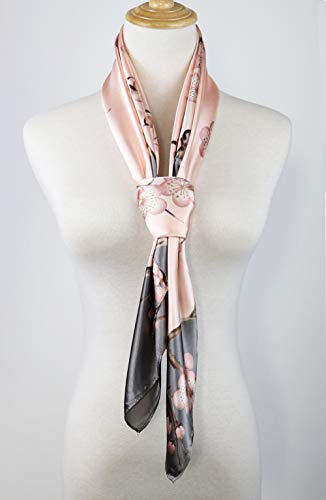 vabovin Elegant 35" Women's Satin Square Silk Feeling Large Neckerchief Fashion Accessory (Pale Pink Plum Blossom)