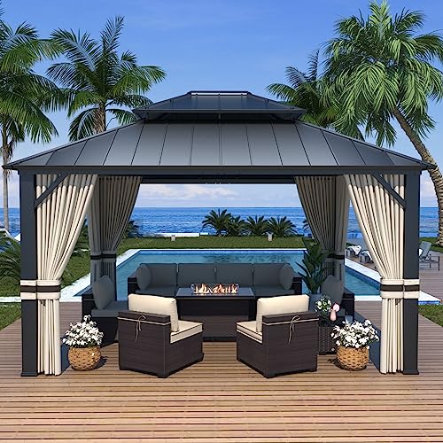 ALAULM 12' x 14' Hardtop Gazebo, Outdoor Patio Aluminum Gazebo with Aluminum Double Roof, Permanent Pavilion w/Curtains and Netting for Backyard, Patio, Deck, Garden-Cream