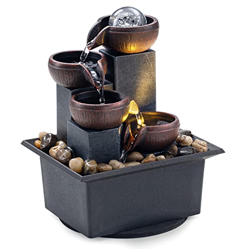 Tabletop Fountain 4 Level Tabletop Waterfall Meditation Fountain Indoor Fountain Office Home Relax Desktop Fountain Pool Includes Many Natural River Rocks LED Lights Fixed Decorative Bubble Ball