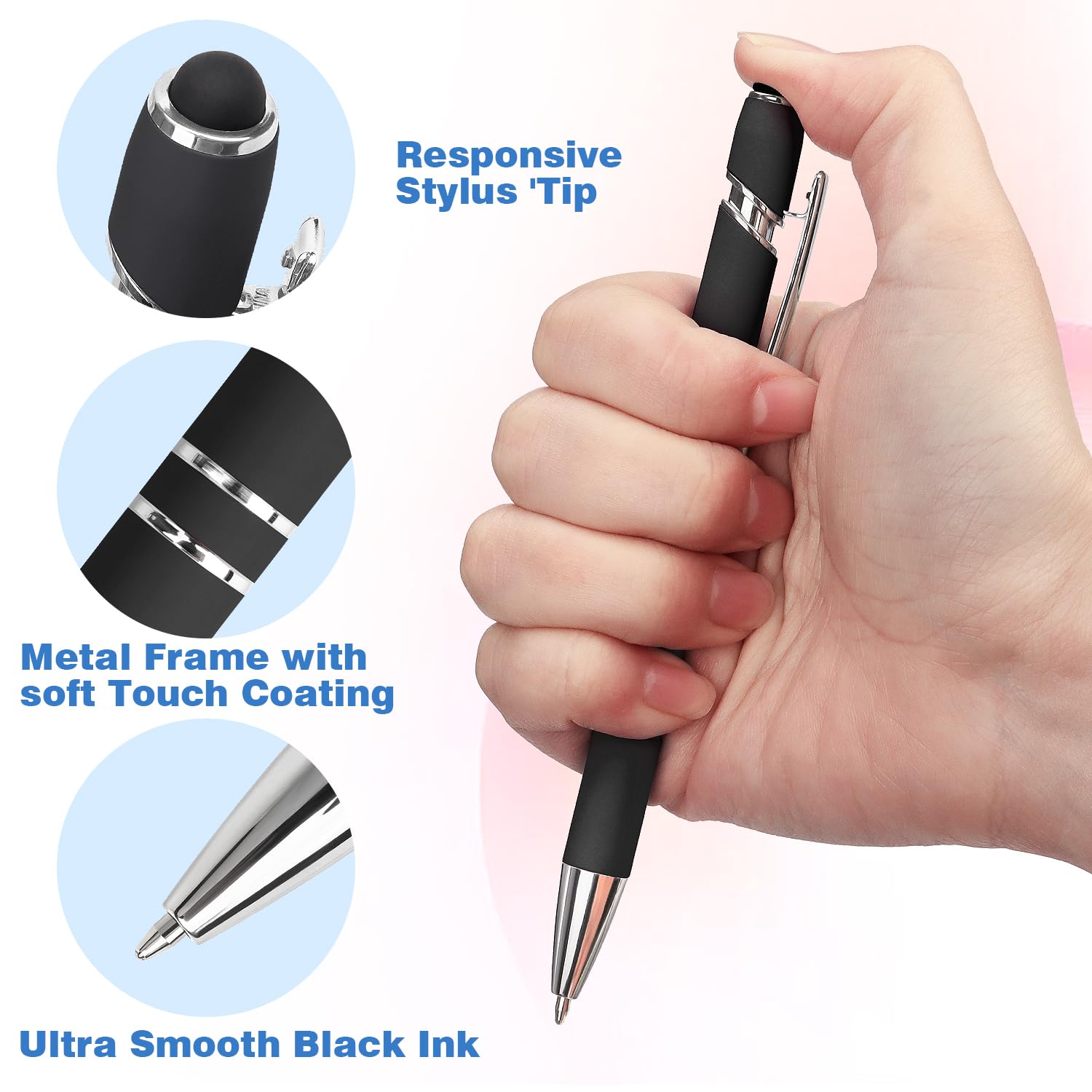 Bribobo 8 Pack Black Ballpoint Pen 2-in-1 Stylus Retractable Ballpoint Pen with Stylus tip, Metal Stylus Pen for Touch Screens, 1.0 mm Black Ink