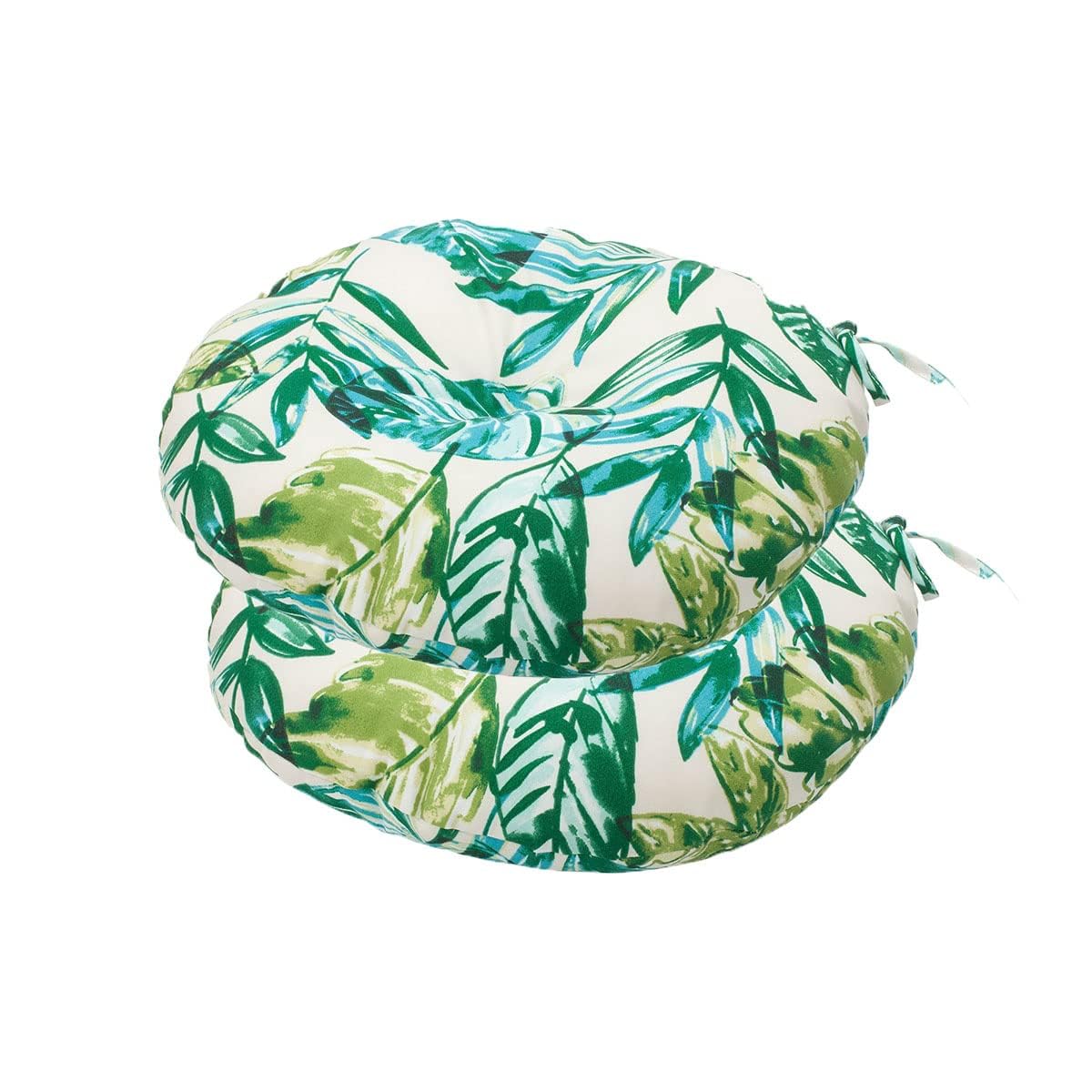 FUNHOME Bistro Chair Cushions 15 inch,Set of 2,Tufted Round Outdoor Chair Cushions 15"x15"x4",Waterproof Patio Seat Cushion with Ties for Barstool Garden Kitchen Furniture(Palm Leaf)