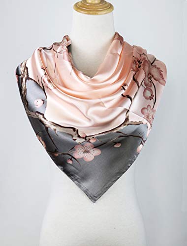 vabovin Elegant 35" Women's Satin Square Silk Feeling Large Neckerchief Fashion Accessory (Pale Pink Plum Blossom)