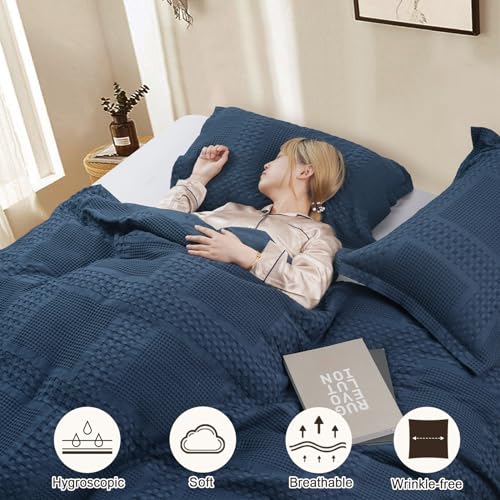 PHF 100% Cotton Waffle Duvet Cover Full Size, 3 Pieces Soft Breathable Duvet Cover Set for All Season, Pre-Washed Decorative Textured Comforter Cover with 2 Pillow Shams, 80"x90", Navy Blue
