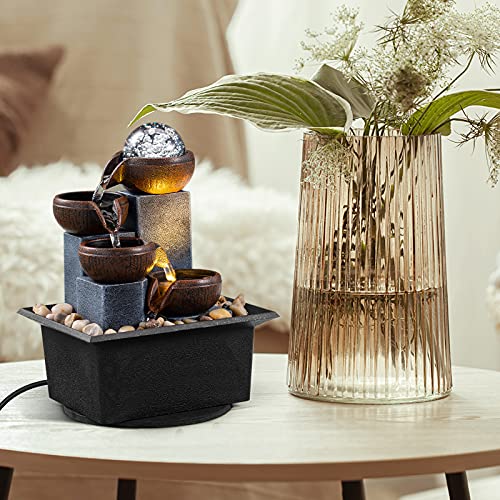 Tabletop Fountain 4 Level Tabletop Waterfall Meditation Fountain Indoor Fountain Office Home Relax Desktop Fountain Pool Includes Many Natural River Rocks LED Lights Fixed Decorative Bubble Ball