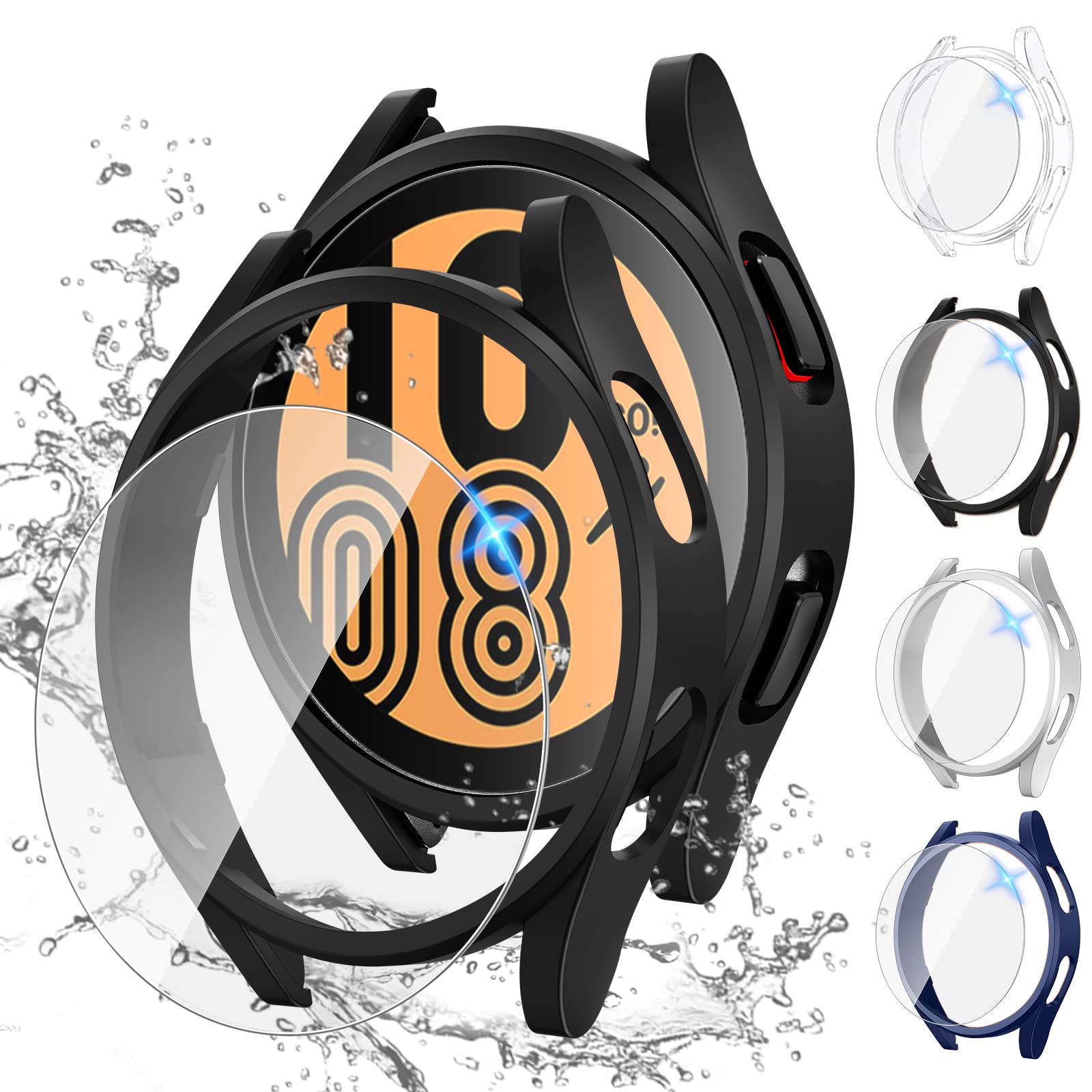 Tensea [4+4Pack for Samsung Galaxy Watch FE 2024/5 2022/4 2021 Screen Protector Case 40mm Accessories, Hard PC Bumper/HD Anti-Fog Tempered Glass Protective Film, Face Cover Set