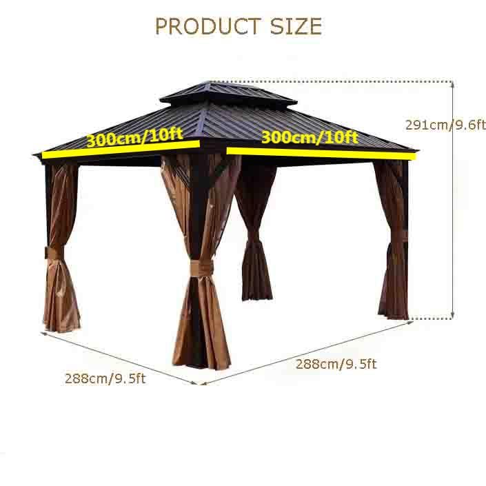 Outdoor Hardtop Galvanized 10X 10ft Steel Double Roof Permanent Gazebo Canopy Aluminum Frame Patio Gazebo with Curtains and Netting