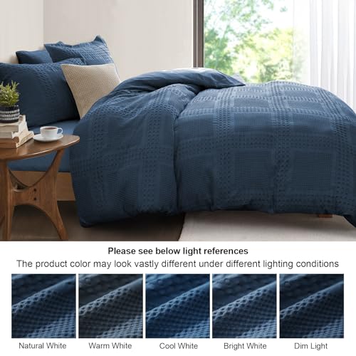 PHF 100% Cotton Waffle Duvet Cover Full Size, 3 Pieces Soft Breathable Duvet Cover Set for All Season, Pre-Washed Decorative Textured Comforter Cover with 2 Pillow Shams, 80"x90", Navy Blue