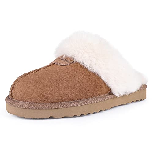 FUZZYFOAMS Genuine Australian Sheepskin Women Slippers Memory Foam Shearling Slipper Water Resistant Warm and Fluffy Indoor Outdoor House Shoes U822YMBT901.SY-Dark Chesnut-39