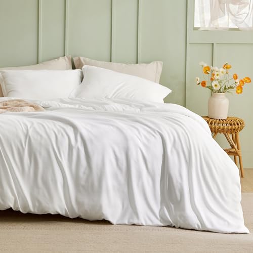 Bedsure White Duvet Cover King Size - Polyester & Rayon Derived from Bamboo Cooling Duvet Cover Set (104" x 90"), 3 Pieces with 2 Pillow Shams, Comforter Not Included