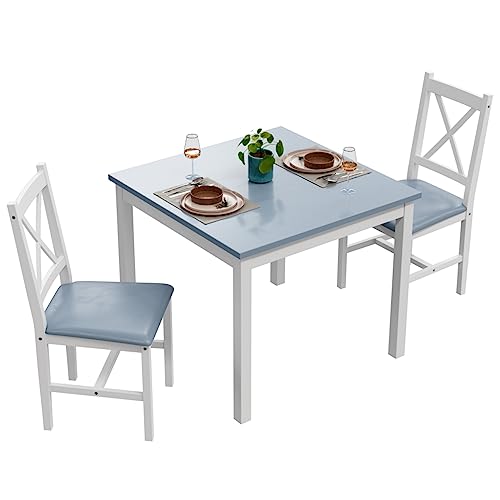 Alohappy Dining Table Set for 2, 3 Piece Kitchen Table and Chairs Set Pine Wood Dining Table with 2 Upholstered Chairs for Small Space, Apartment, Space-Saving & Easy Assembly (Blue)