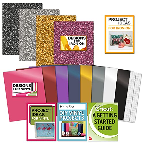 Cricut Vinyl, Glitter Iron On Tools & Pens Beginner Bundle - Use with Explore Maker Machine (not Included) Sheets for Decals, Removable Stickers, Bling T-Shirts, Cards, Totes with Guide for Projects