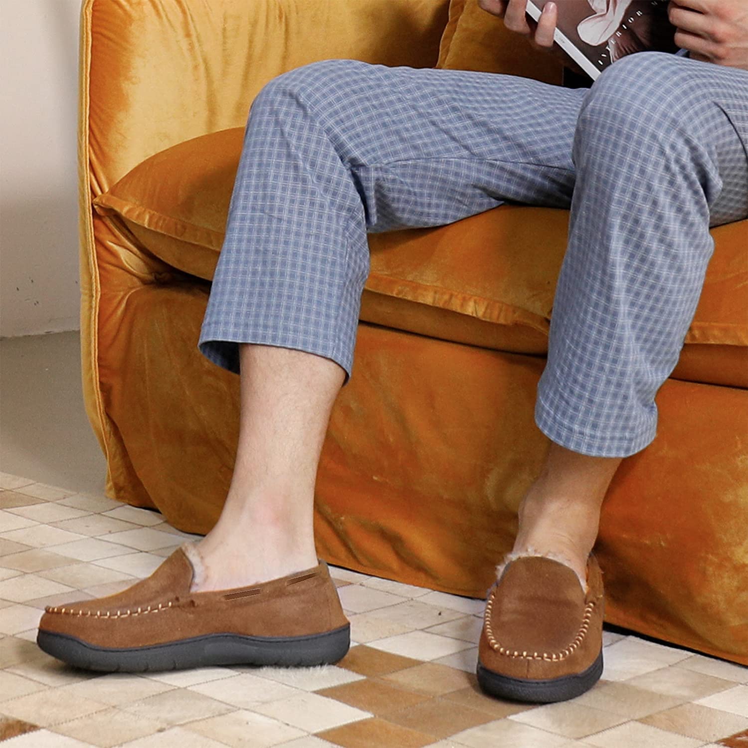 Zigzagger Men's Moccasin Slippers Memory Foam House Shoes, Indoor and Outdoor Warm Loafer Slippers, Tan, 10 M US