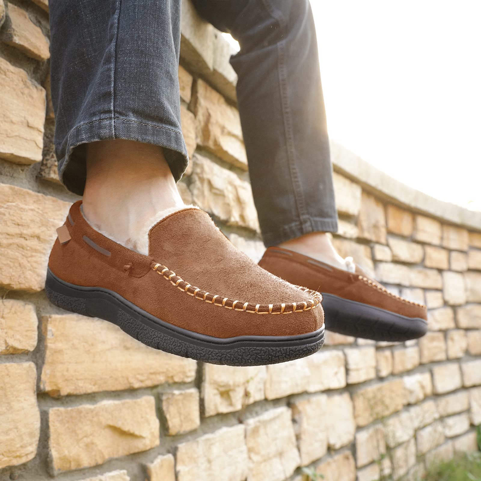 Zigzagger Men's Moccasin Slippers Memory Foam House Shoes, Indoor and Outdoor Warm Loafer Slippers, Tan, 10 M US