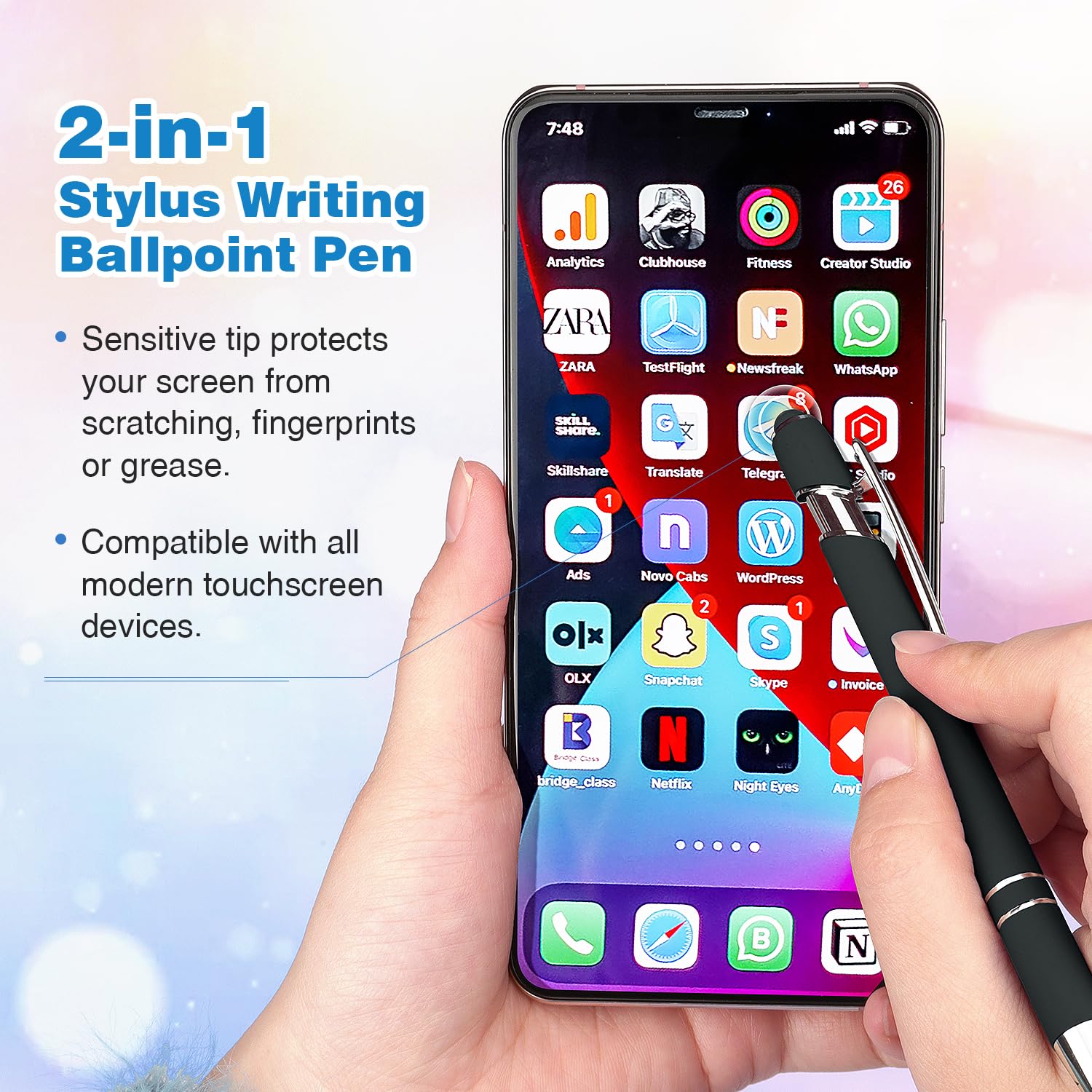 Bribobo 8 Pack Black Ballpoint Pen 2-in-1 Stylus Retractable Ballpoint Pen with Stylus tip, Metal Stylus Pen for Touch Screens, 1.0 mm Black Ink