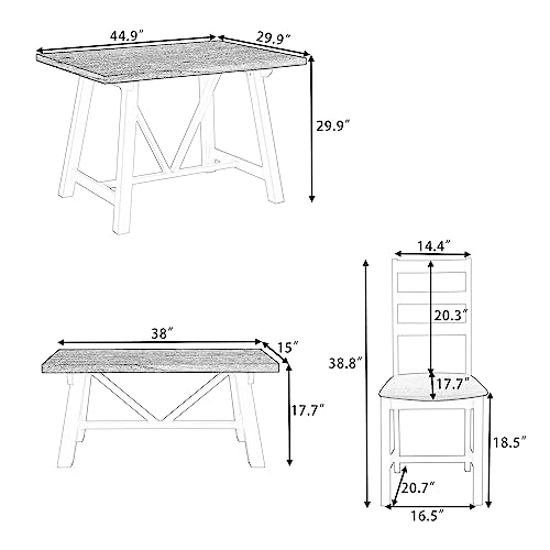 LUMISOL 4 Piece Dining Table Set with Bench for Small Space Solid Wood Kitchen Dining Room Set for 4 Persons, Farmhouse Rustic Dining Set