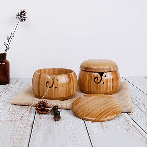Pannow Bamboo Yarn Bowl, Knitting Yarn Bowls with Holes, Handmade Craft Knitting Bowl Storage Knitting and Crocheting Accessories Kit Organizer, 6 x 3 Inch