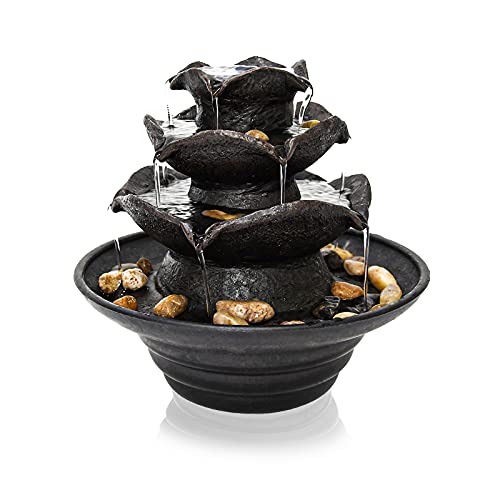 AOC 3 Tier Tabletop Fountain Indoor with LED Lights Water Fountain, Relaxation Tabletop Fountain Includes Many Natural River Rock, Mini Desktop Water Fountain for Living Room Bedroom