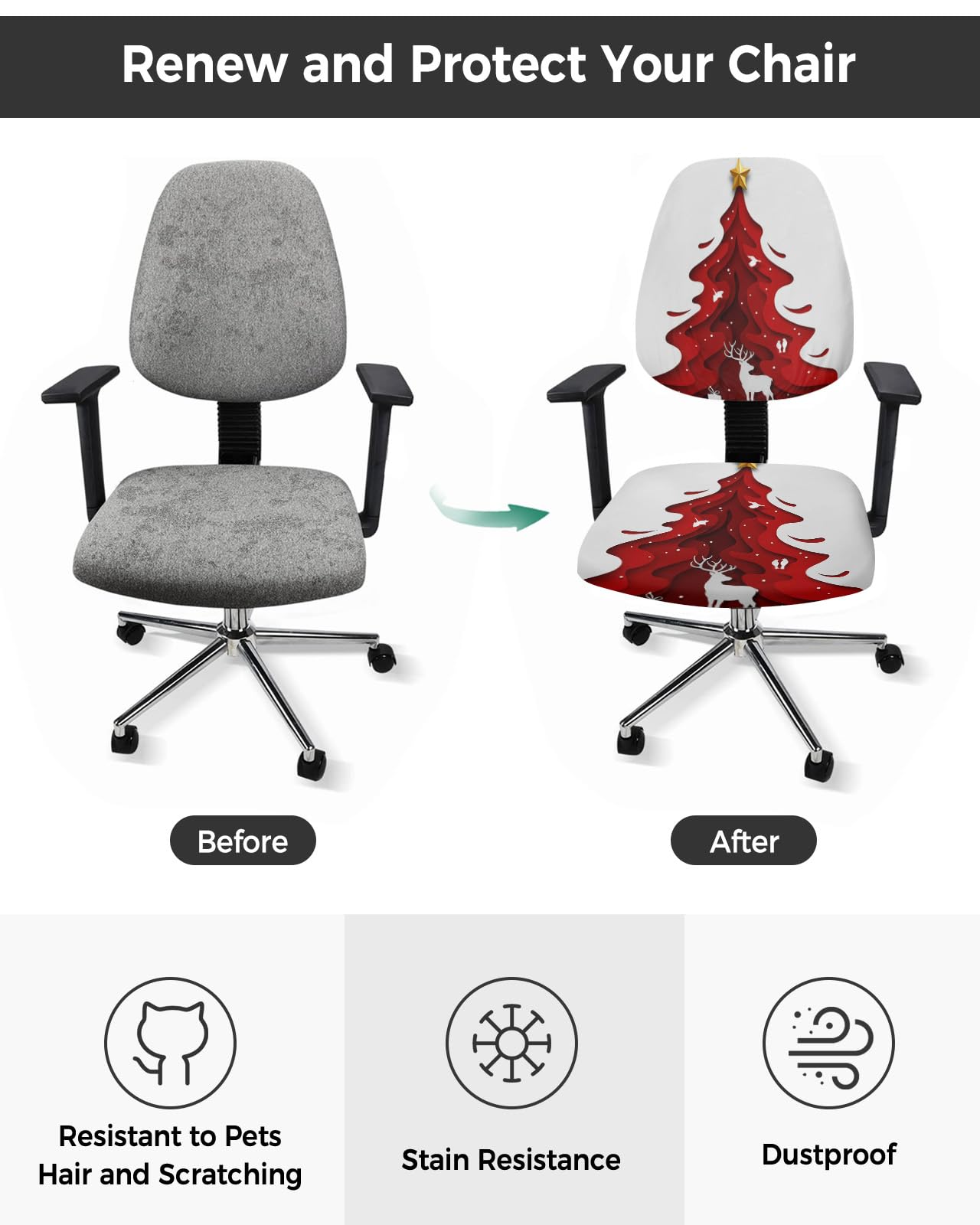 Xmas Tree Office Chair Cover Stretchable Computer Chair Seat Cover Backrest Slipcovers, Stretchable Rotating Desk Chair Seat Cushion Split Protectors Christmas Contemporary Red Deer Star Bird