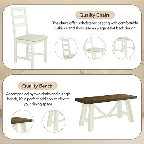 LUMISOL 4 Piece Dining Table Set with Bench for Small Space Solid Wood Kitchen Dining Room Set for 4 Persons, Farmhouse Rustic Dining Set