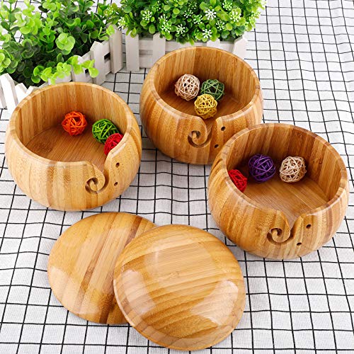 Pannow Bamboo Yarn Bowl, Knitting Yarn Bowls with Holes, Handmade Craft Knitting Bowl Storage Knitting and Crocheting Accessories Kit Organizer, 6 x 3 Inch