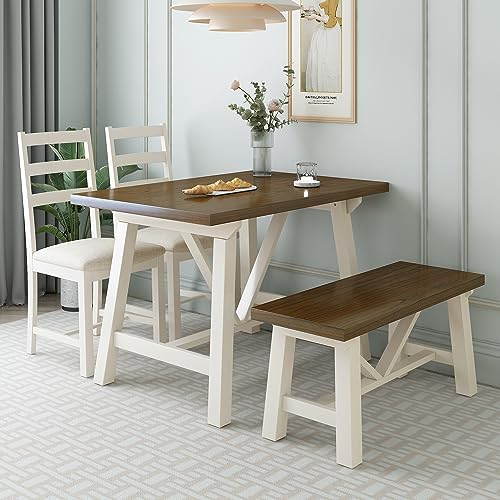 LUMISOL 4 Piece Dining Table Set with Bench for Small Space Solid Wood Kitchen Dining Room Set for 4 Persons, Farmhouse Rustic Dining Set