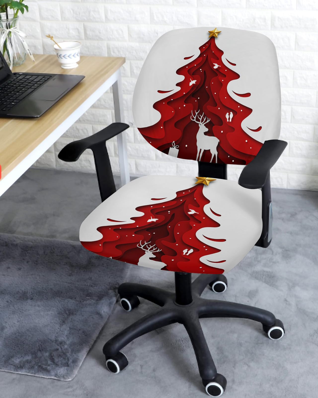 Xmas Tree Office Chair Cover Stretchable Computer Chair Seat Cover Backrest Slipcovers, Stretchable Rotating Desk Chair Seat Cushion Split Protectors Christmas Contemporary Red Deer Star Bird
