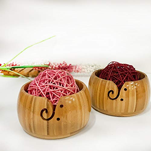 Pannow Bamboo Yarn Bowl, Knitting Yarn Bowls with Holes, Handmade Craft Knitting Bowl Storage Knitting and Crocheting Accessories Kit Organizer, 6 x 3 Inch