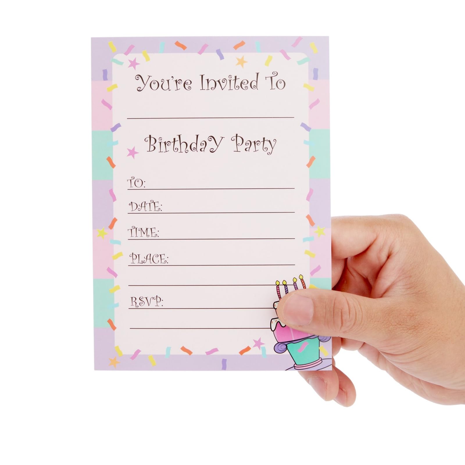 Juvale 24 Pack Birthday Invitations for Girls, Fill-In Invite Cards with Envelopes, Confetti Design (5x7 in)