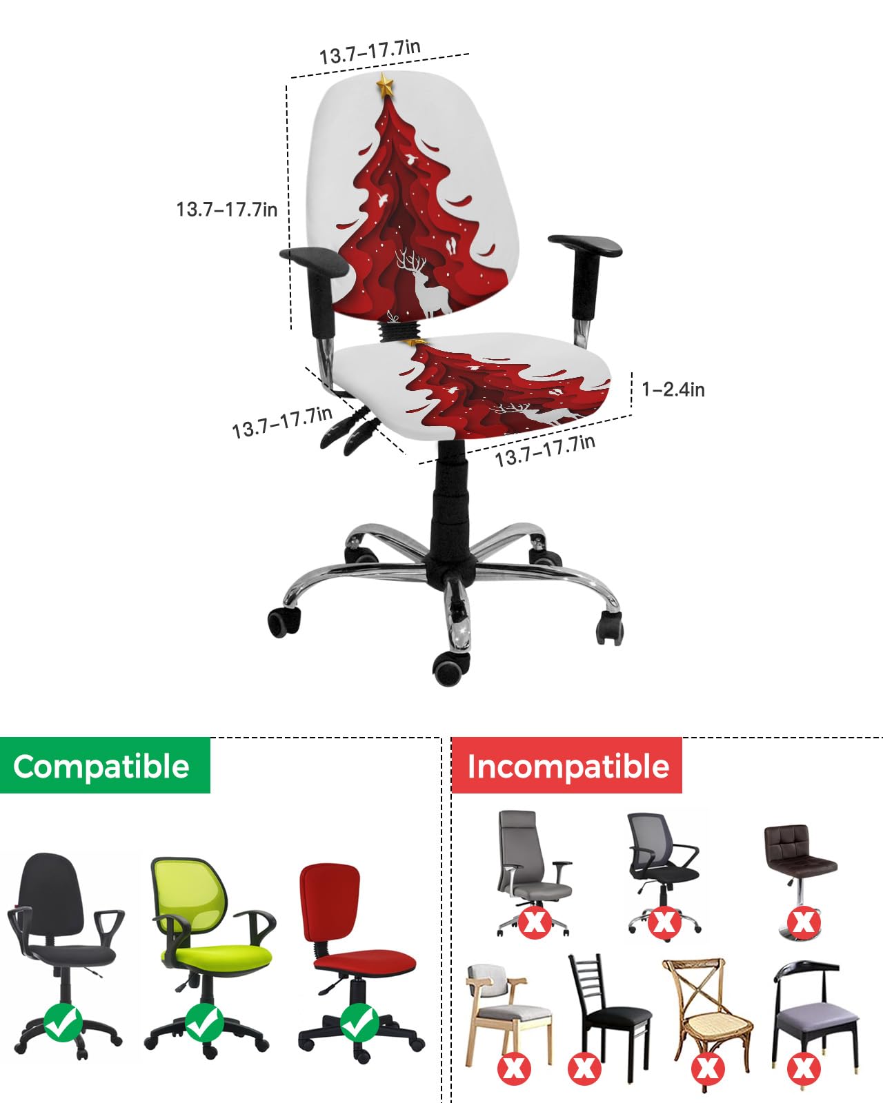 Xmas Tree Office Chair Cover Stretchable Computer Chair Seat Cover Backrest Slipcovers, Stretchable Rotating Desk Chair Seat Cushion Split Protectors Christmas Contemporary Red Deer Star Bird