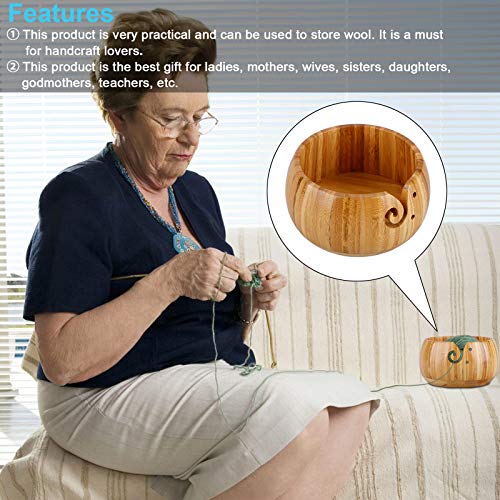 Pannow Bamboo Yarn Bowl, Knitting Yarn Bowls with Holes, Handmade Craft Knitting Bowl Storage Knitting and Crocheting Accessories Kit Organizer, 6 x 3 Inch