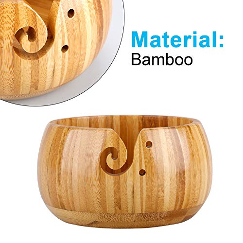 Pannow Bamboo Yarn Bowl, Knitting Yarn Bowls with Holes, Handmade Craft Knitting Bowl Storage Knitting and Crocheting Accessories Kit Organizer, 6 x 3 Inch