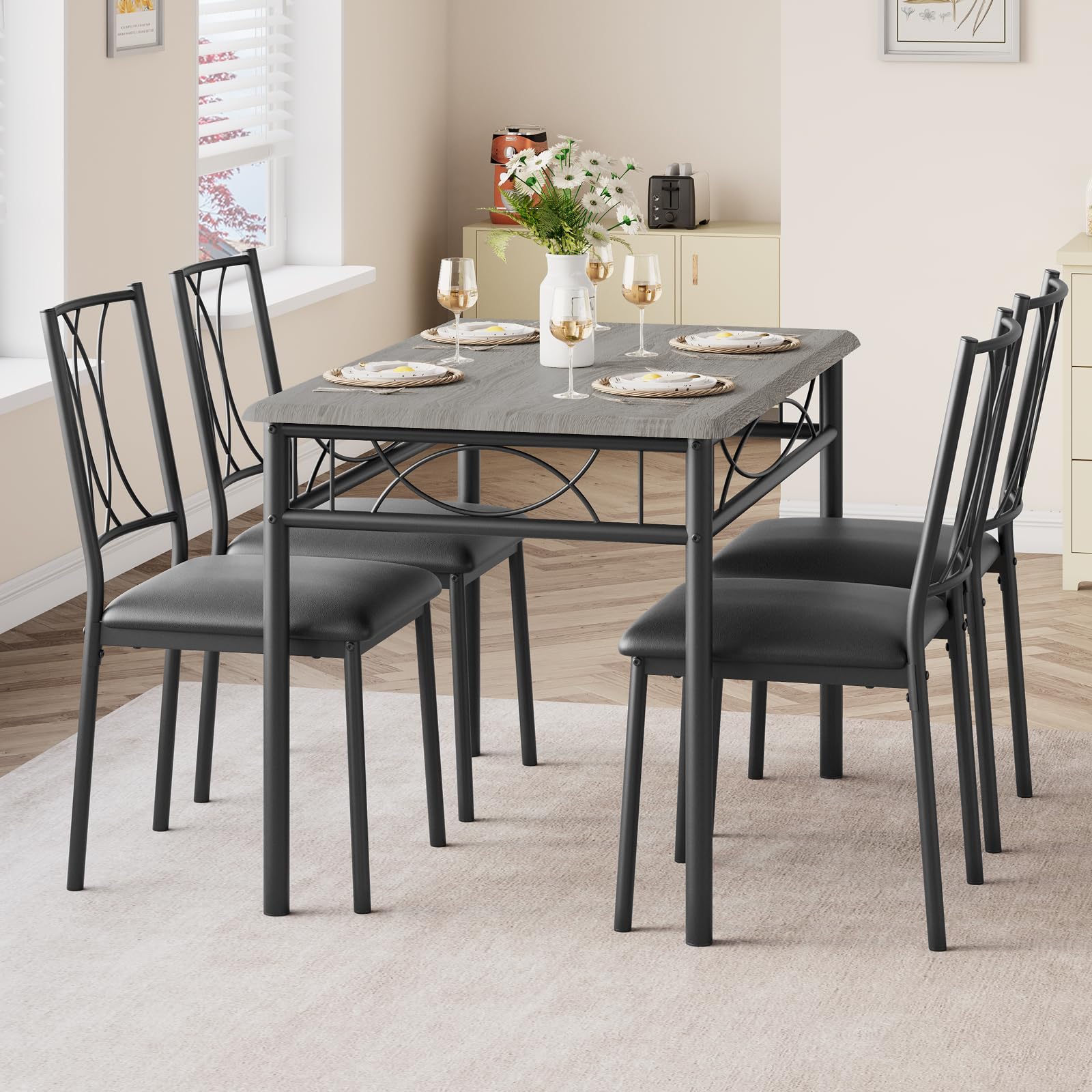 IDEALHOUSE Dining Table Set for 4, Kitchen Table and Chairs for 4, Rectangular Dining Room Table Set with 4 Upholstered Chairs, 5 Piece Dining Table Set for Small Space, Apartment, Rustic Gray