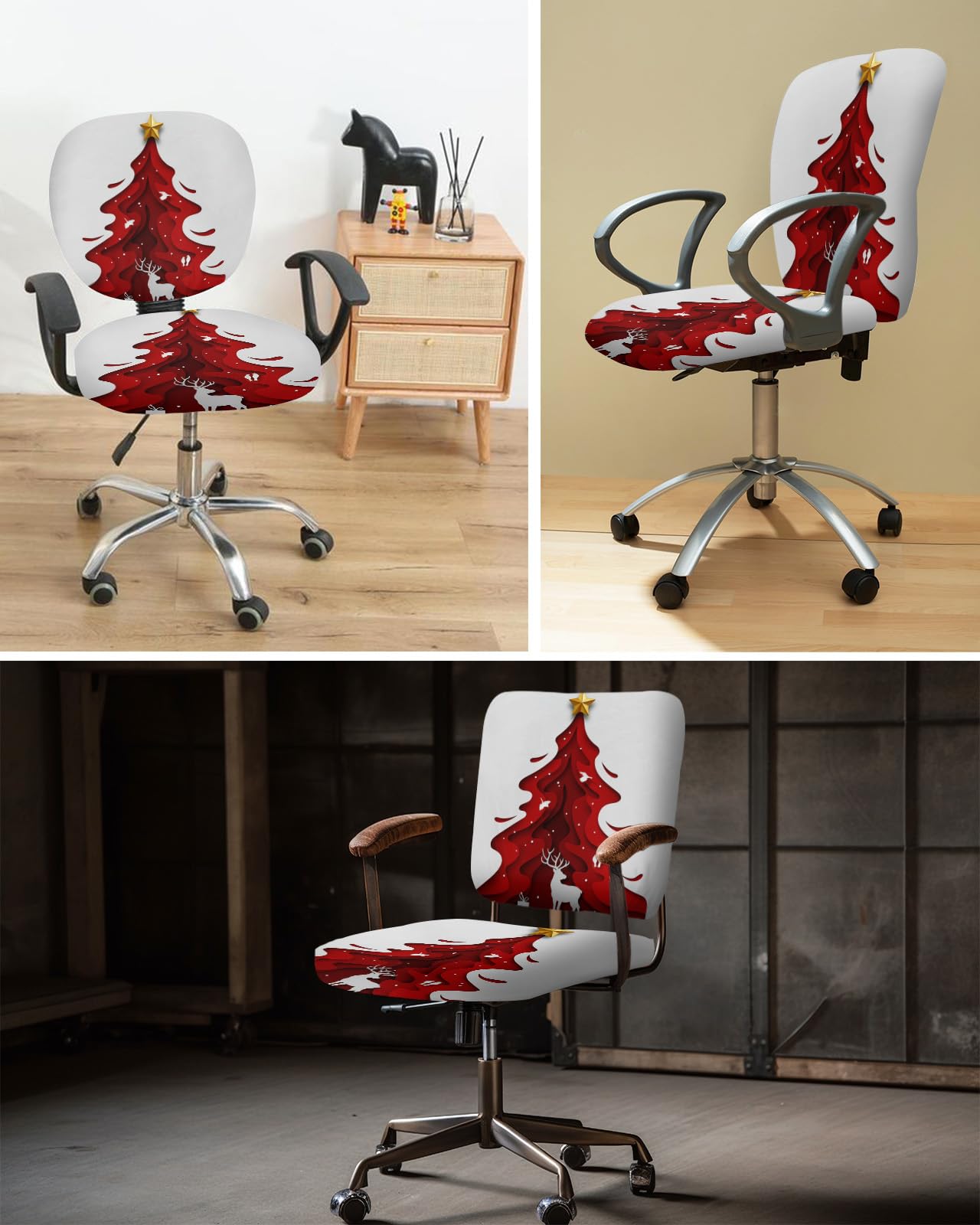 Xmas Tree Office Chair Cover Stretchable Computer Chair Seat Cover Backrest Slipcovers, Stretchable Rotating Desk Chair Seat Cushion Split Protectors Christmas Contemporary Red Deer Star Bird