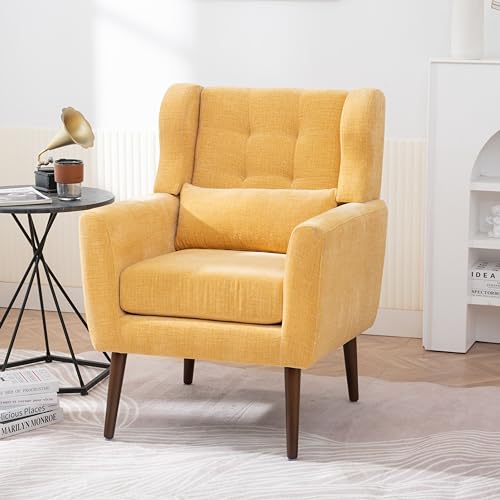 HBRR Mid Century Modern Accent Chair, Upholstered Button Tufted Single Armchair with Tapered Wood Legs, Chenille Fabric Reading Sofa for Bedroom, Living Room, Yellow