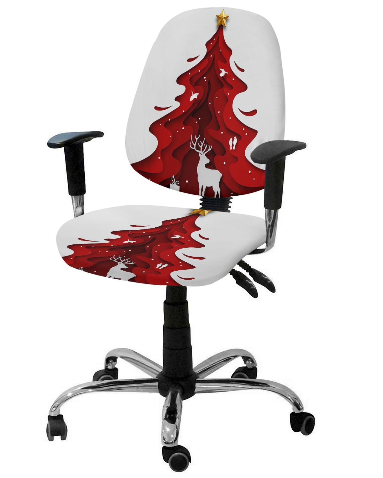 Xmas Tree Office Chair Cover Stretchable Computer Chair Seat Cover Backrest Slipcovers, Stretchable Rotating Desk Chair Seat Cushion Split Protectors Christmas Contemporary Red Deer Star Bird