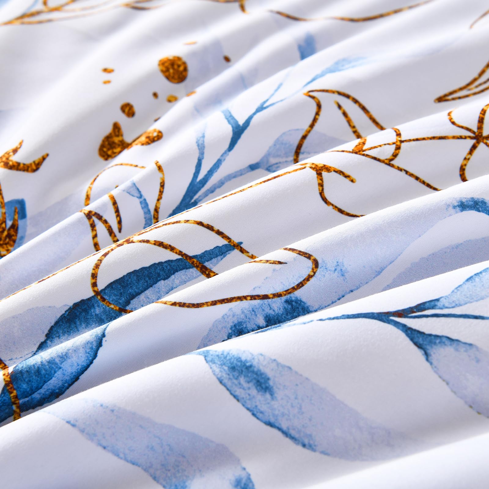 Blue Botanical Duvet Cover Set Queen, 3 Pieces Reversible Blue Gold Leaves Printed Bedding Set with Zipper Closure, Soft Microfiber Flower Duvet Cover Queen 90"x90"(Not Comforter)
