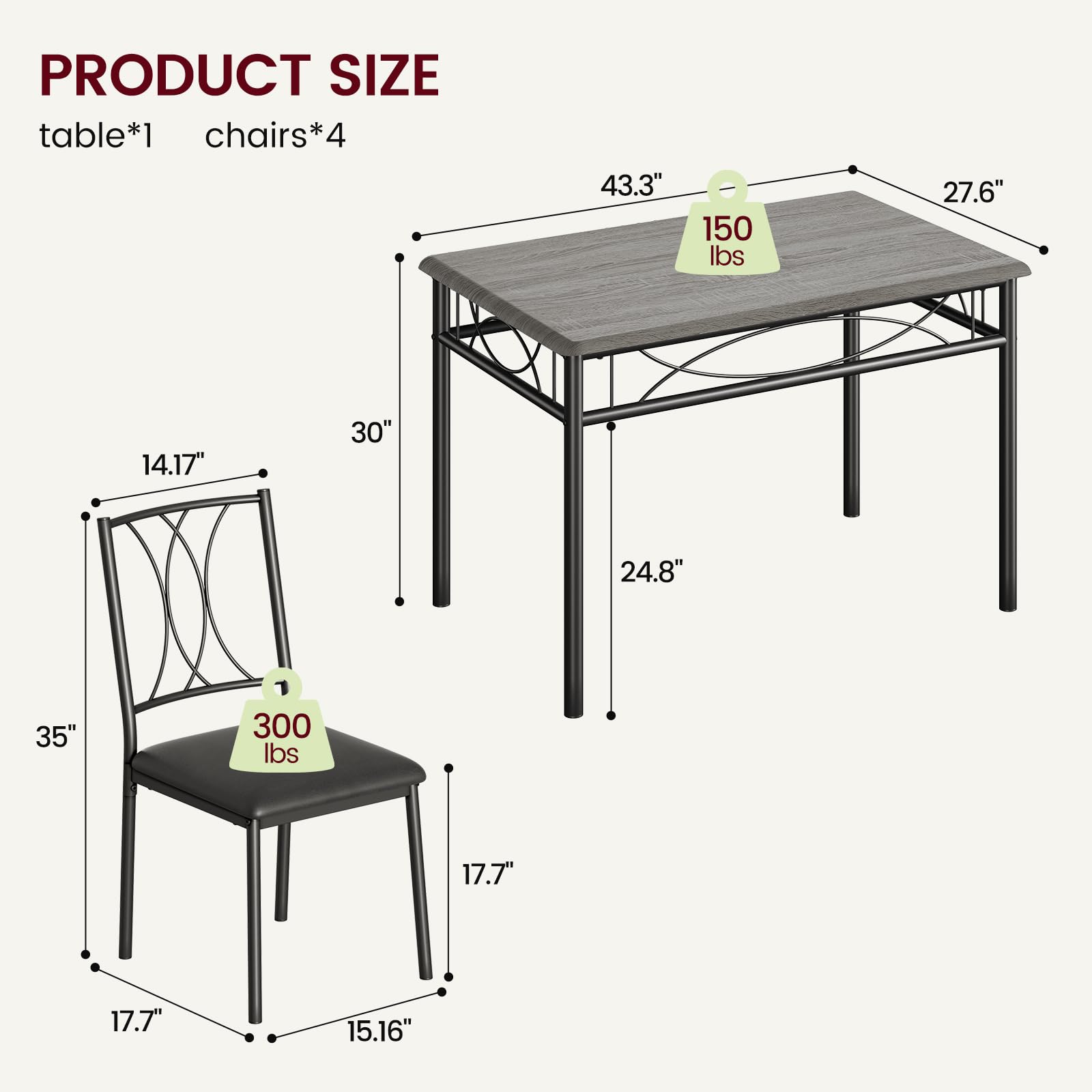 IDEALHOUSE Dining Table Set for 4, Kitchen Table and Chairs for 4, Rectangular Dining Room Table Set with 4 Upholstered Chairs, 5 Piece Dining Table Set for Small Space, Apartment, Rustic Gray