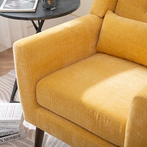 HBRR Mid Century Modern Accent Chair, Upholstered Button Tufted Single Armchair with Tapered Wood Legs, Chenille Fabric Reading Sofa for Bedroom, Living Room, Yellow