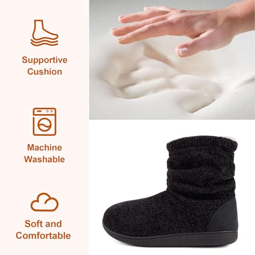 LongBay Women's Chenille Knit Bootie Slippers Cute Plush Fleece Memory Foam House Shoes (Medium / 7-8 B(M), Black)