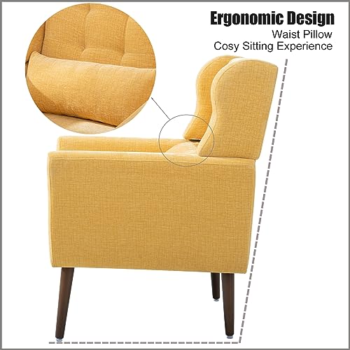 HBRR Mid Century Modern Accent Chair, Upholstered Button Tufted Single Armchair with Tapered Wood Legs, Chenille Fabric Reading Sofa for Bedroom, Living Room, Yellow
