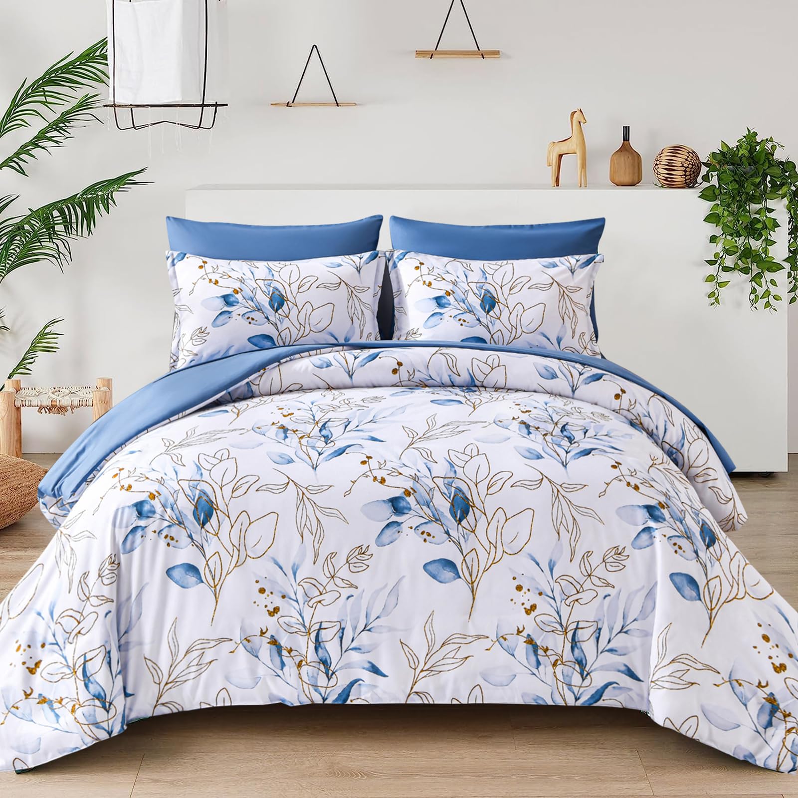 Blue Botanical Duvet Cover Set Queen, 3 Pieces Reversible Blue Gold Leaves Printed Bedding Set with Zipper Closure, Soft Microfiber Flower Duvet Cover Queen 90"x90"(Not Comforter)