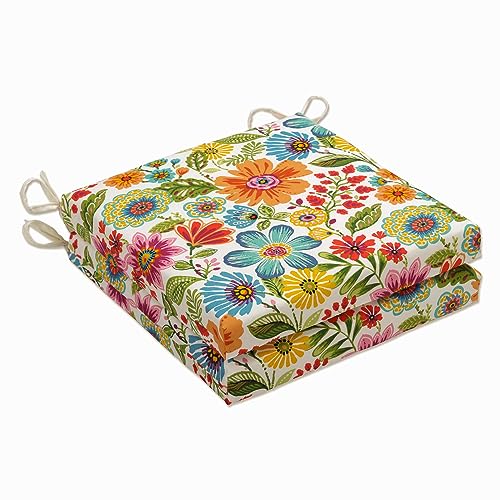 Pillow Perfect Bright Floral Indoor/Outdoor Chair Seat Cushion with Ties Squared Corner, Plush Fiber Fill, Weather, and Fade Resistant, 20" x 20", Blue/Purple Gregoire 2 Count