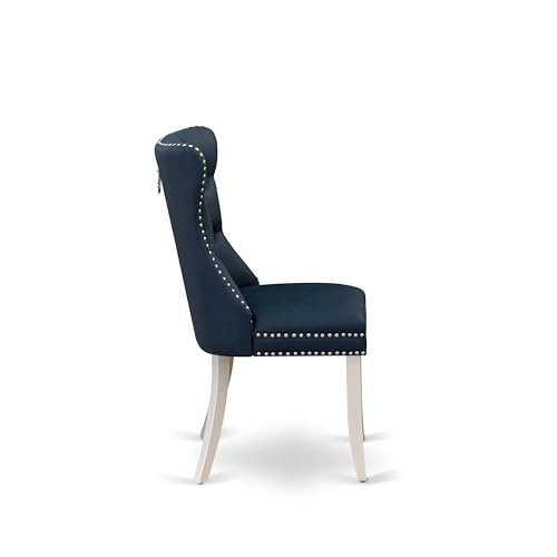 East West Furniture DAP2F29 Dallas Parson Chairs - Button Tufted Nailhead Navy Blue Polyester Fabric Padded Dining Chairs, Set of 2, Linen White
